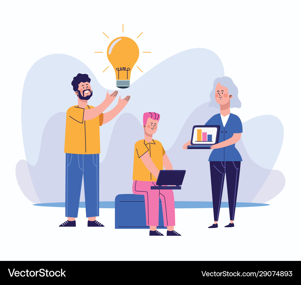 Cartoon man with bulb and woman using Royalty Free Vector