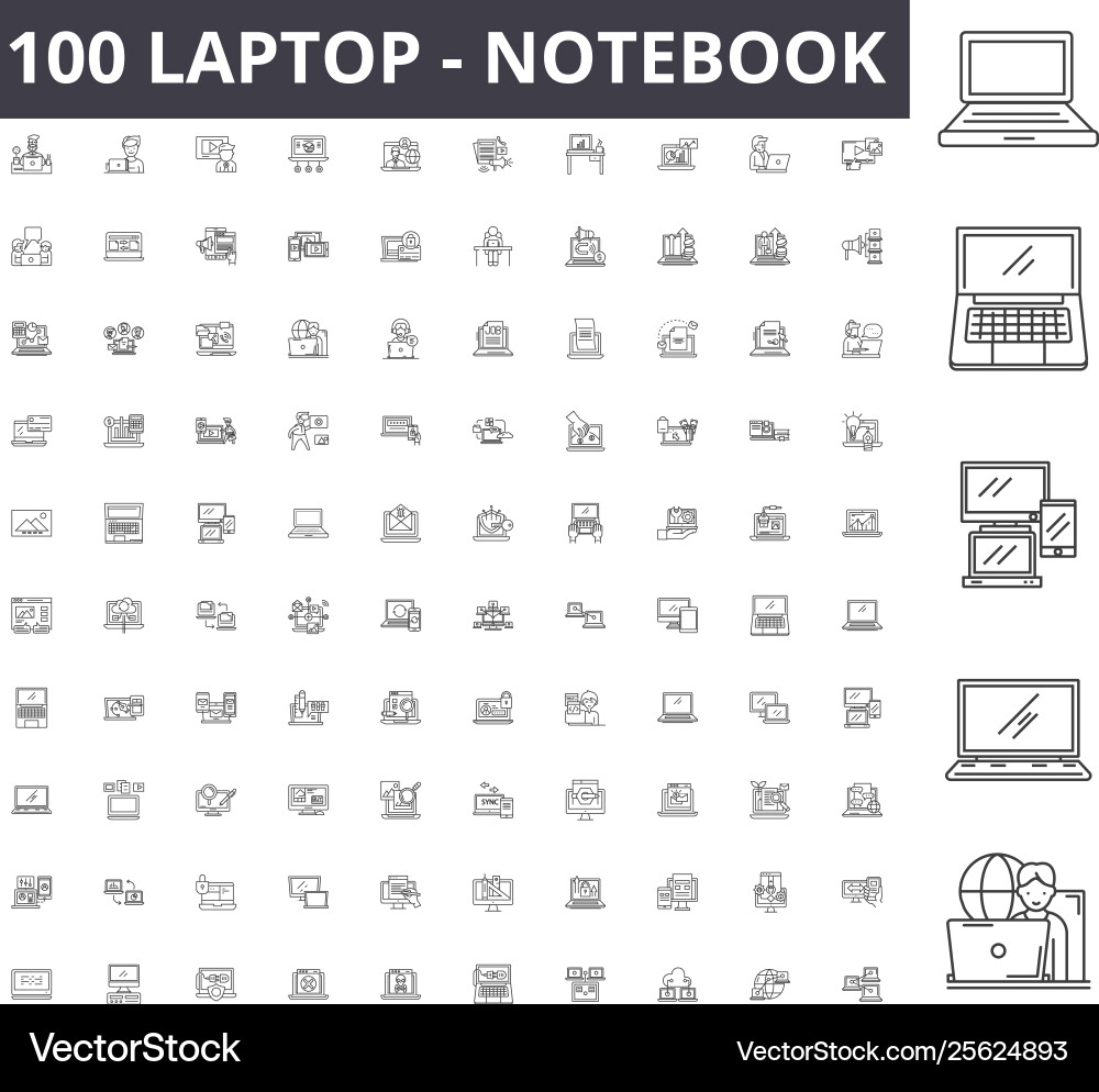 Laptop notebook line icons signs set Royalty Free Vector