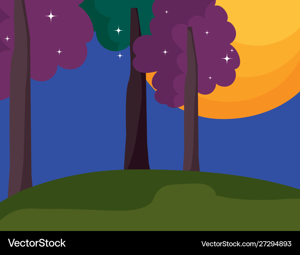 Night moon tree stars landscape cartoon Royalty Free Vector