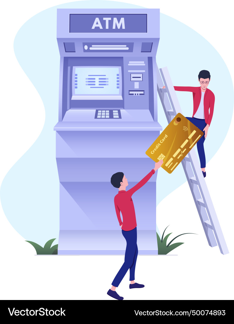 Two people collaborate to insert a giant credit Vector Image