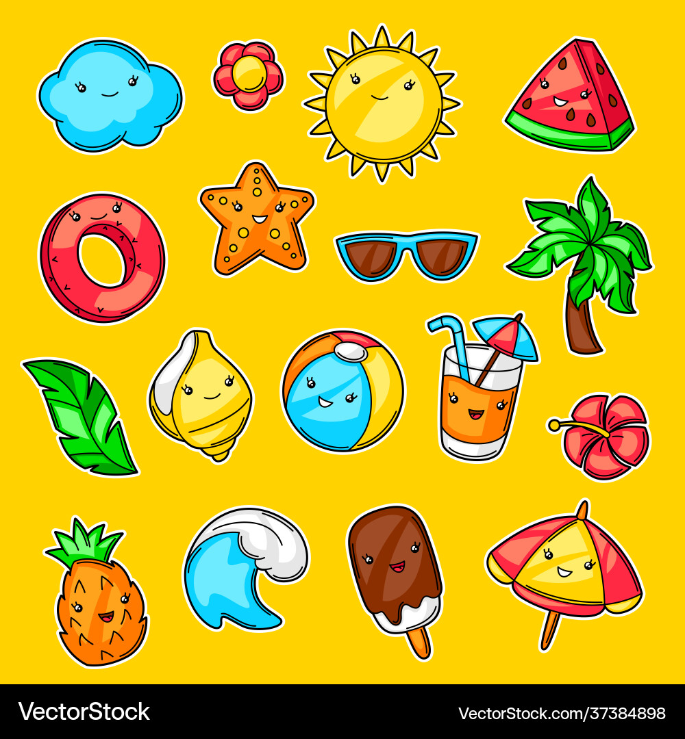 Set cute kawaii summer items vacation Royalty Free Vector