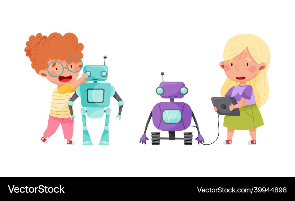 Smiling little girl engineering and configurating Vector Image
