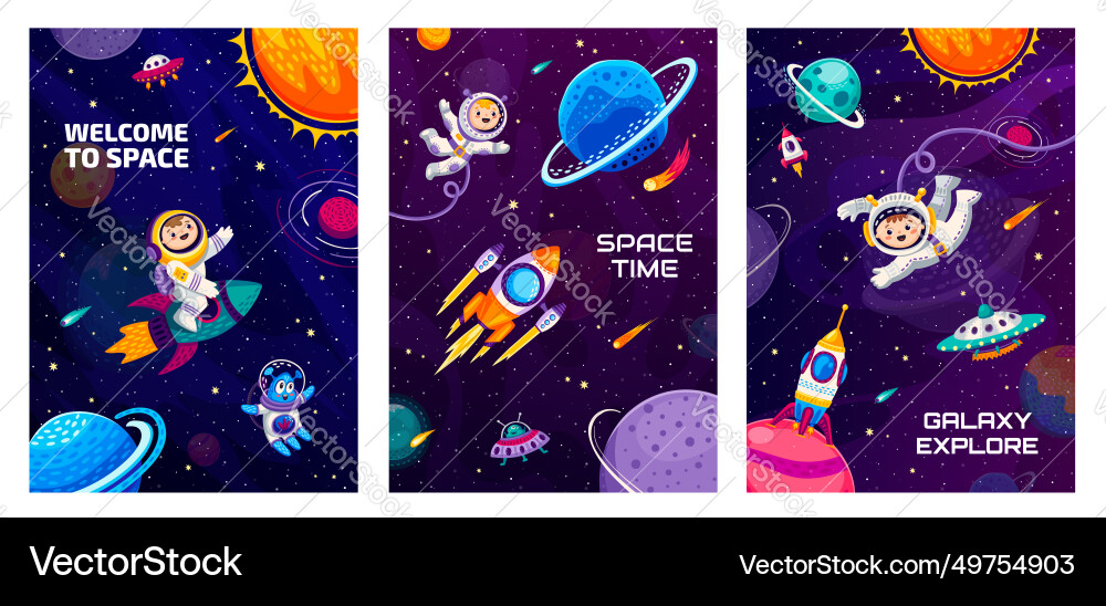Cartoon space posters astronauts spaceship ufo Vector Image