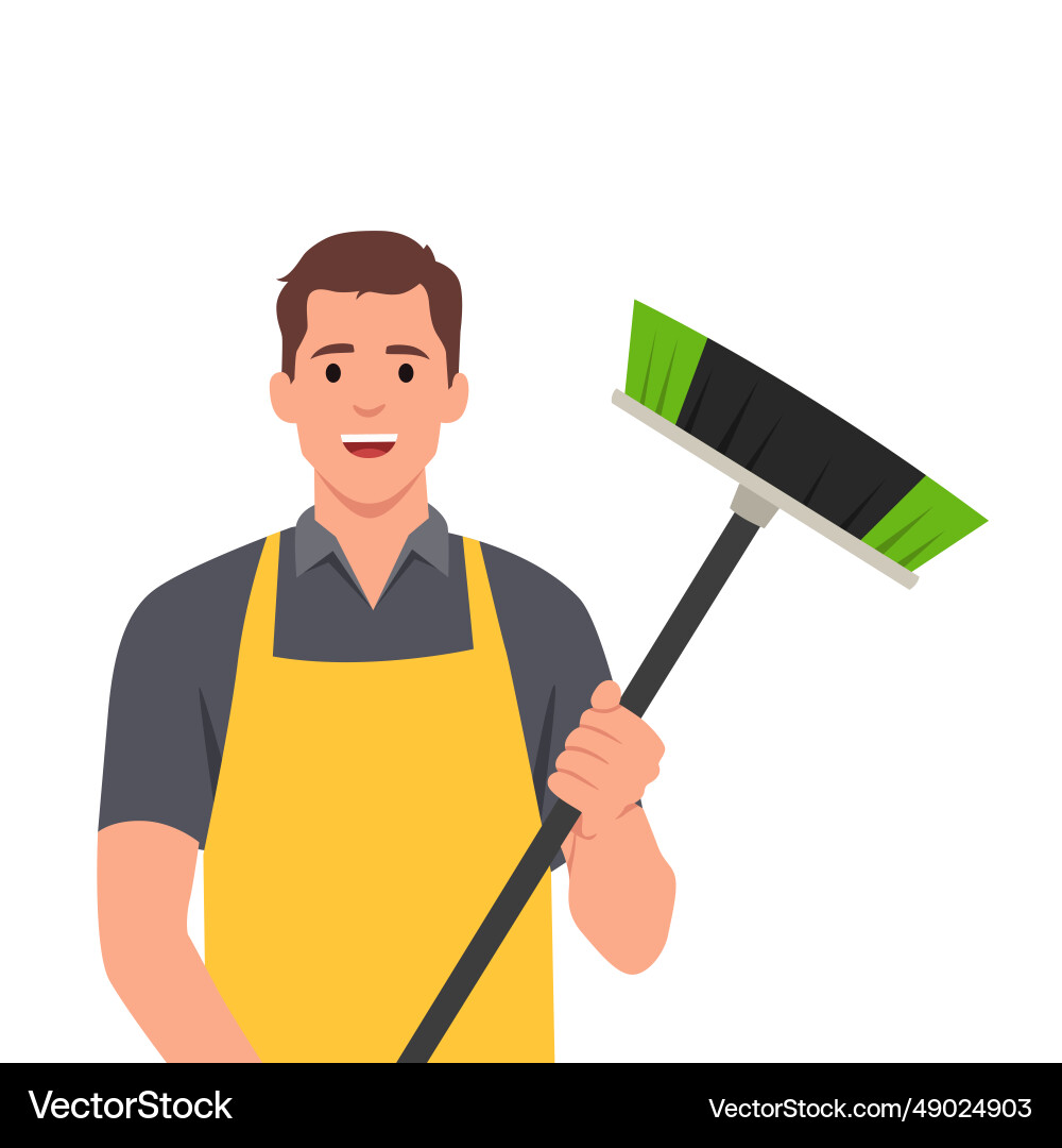 Man janitor uniform with broom in one hand Vector Image