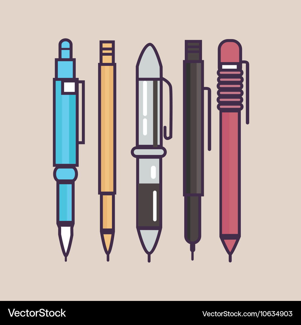 Pen ballpoint pencil set outline thin Royalty Free Vector