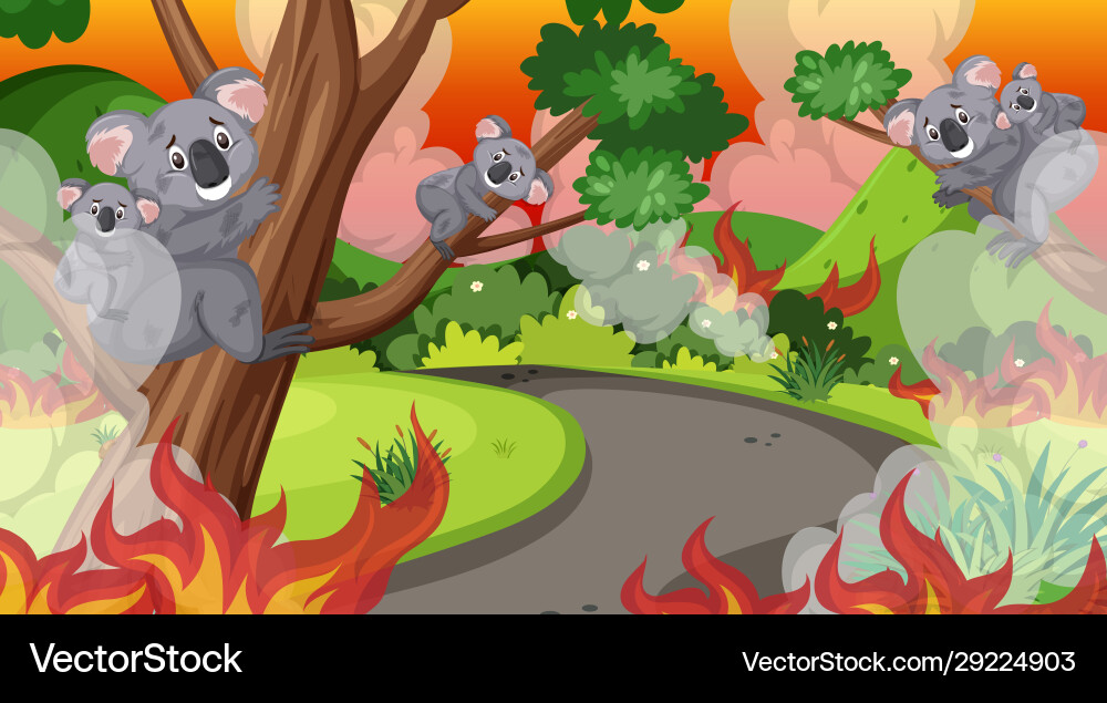 Scene with big wildfire in forest and many Vector Image