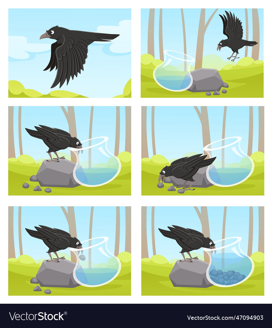 Thirsty crow tale of smart black crow and jug Vector Image