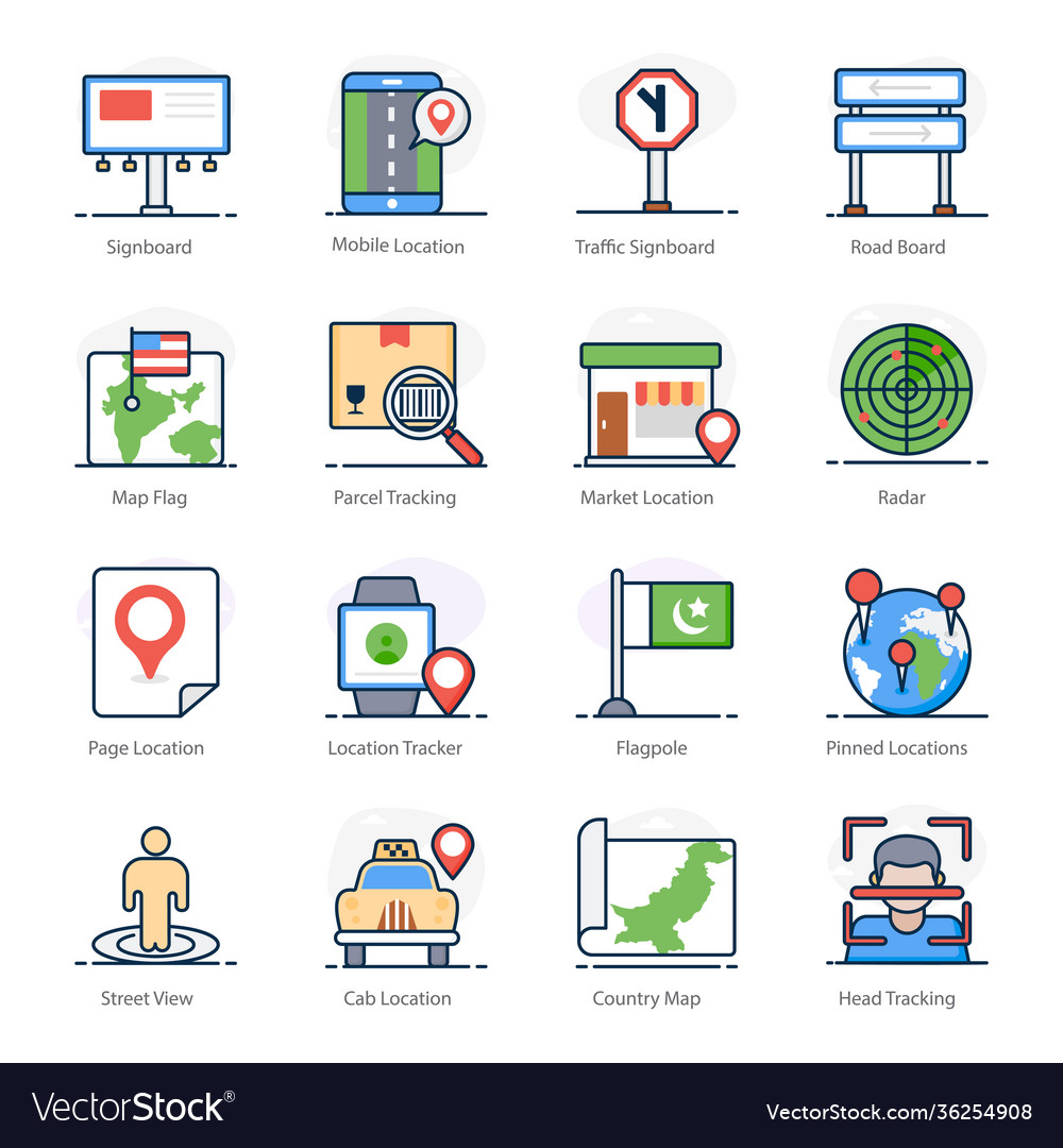 Maps and geolocation flat icons pack Royalty Free Vector