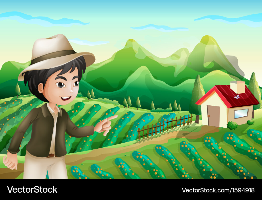 A boy pointing at the barnhouse farm Royalty Free Vector