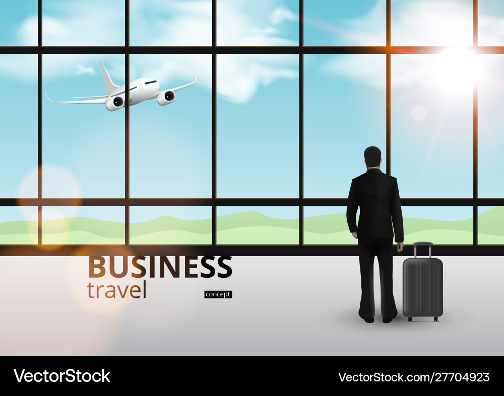 Businessman on plain in window travel concept Vector Image