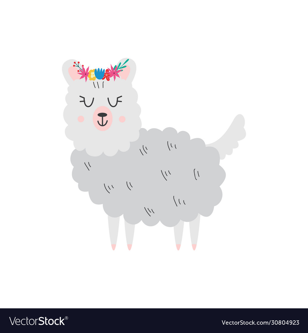 Cute cartoon llama with flower crown smiling Vector Image