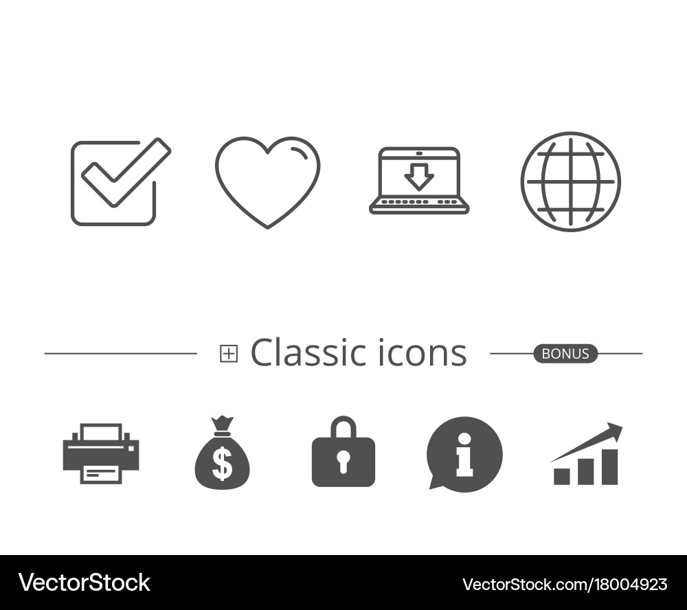 Globe internet download and check icons Royalty Free Vector