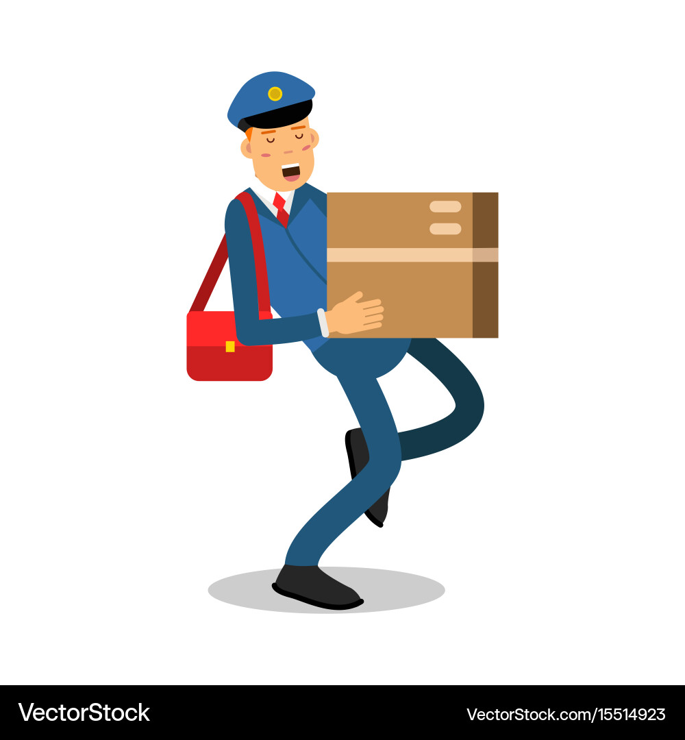 Postman in blue uniform with red bag carrying Vector Image
