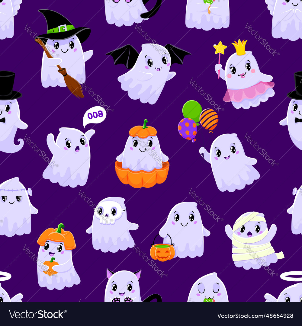 Cartoon halloween kawaii ghost characters pattern Vector Image