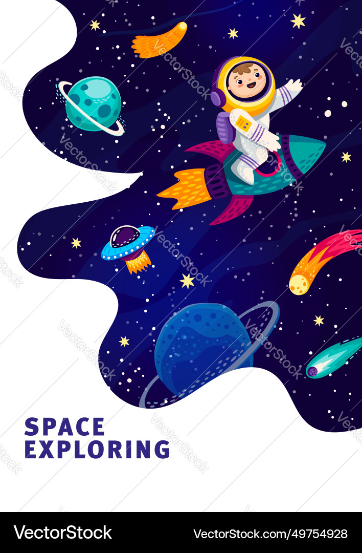 Cartoon kid astronaut on space rocket galaxy sky Vector Image