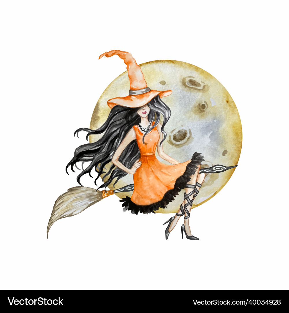Halloween watercolor witch on a broomstick Vector Image