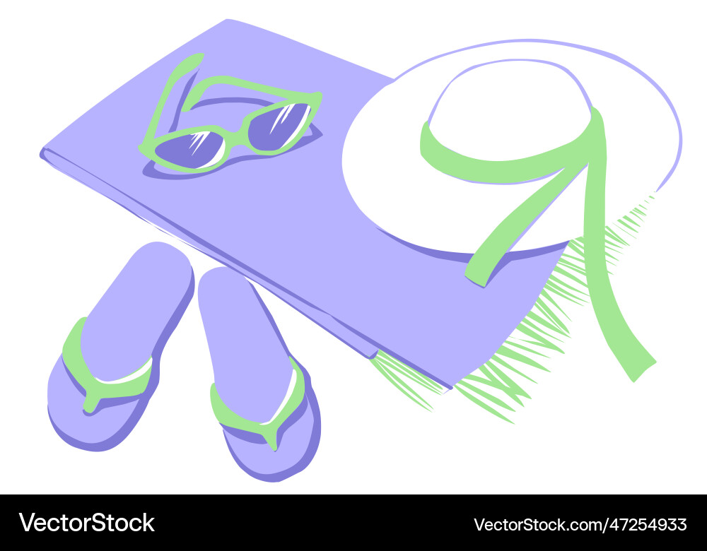 Beach clipart with towel hat flip flops Royalty Free Vector