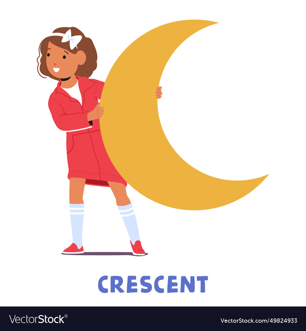 Curious kid girl holds a crescent shape exploring Vector Image Curious kid girl holds a crescent shape exploring Vector Image