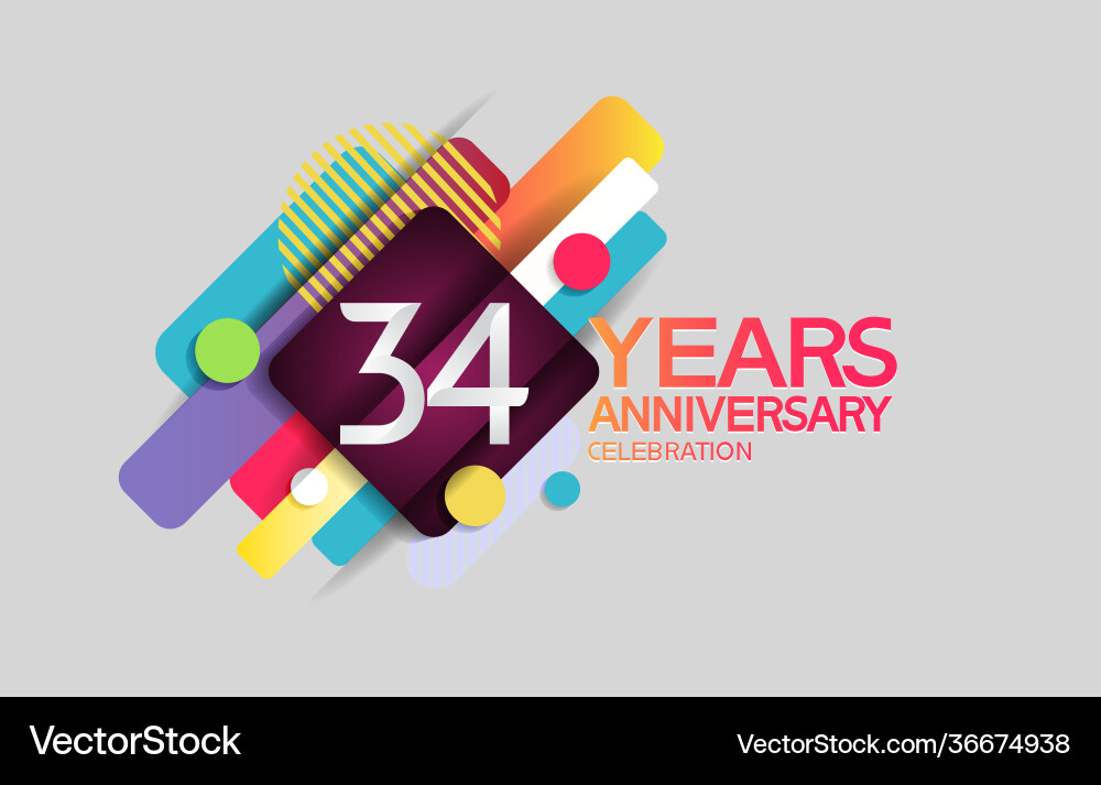 34 years anniversary colorful design with circle Vector Image