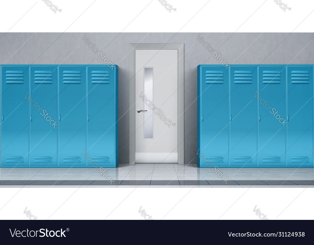 School corridor with blue lockers and closed door Vector Image