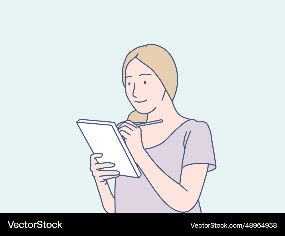 Woman mom taking notes in copybook standing Vector Image