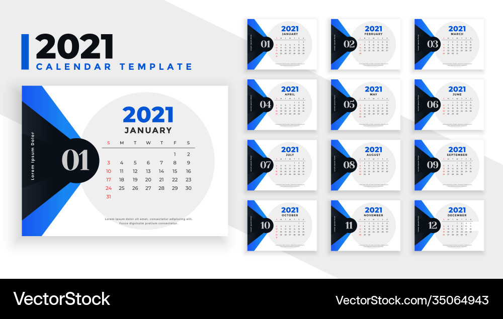 2021 calendar design template with blue geometric Vector Image
