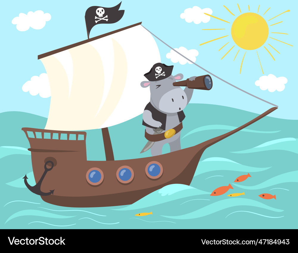Pirate hippopotamus using binoculars Royalty Free Vector