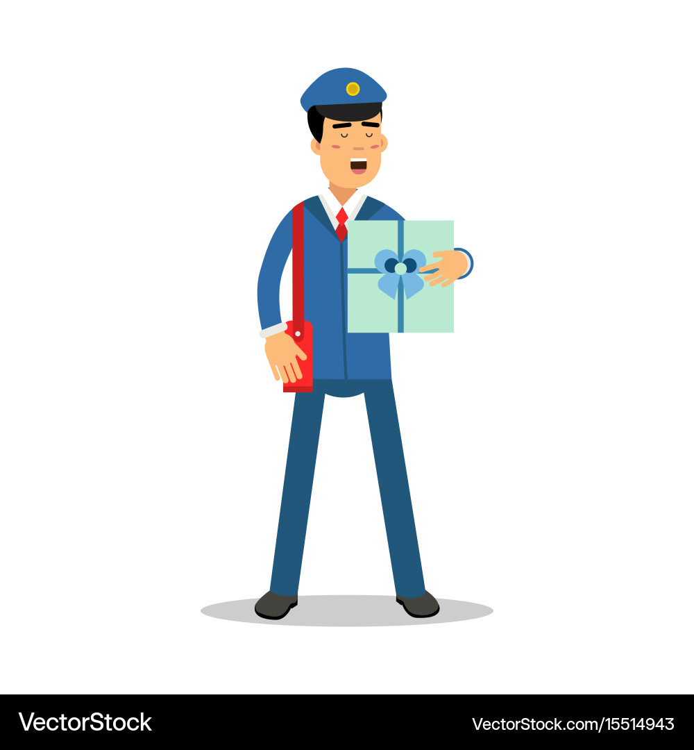 Postman in blue uniform with red bag holding gift Vector Image