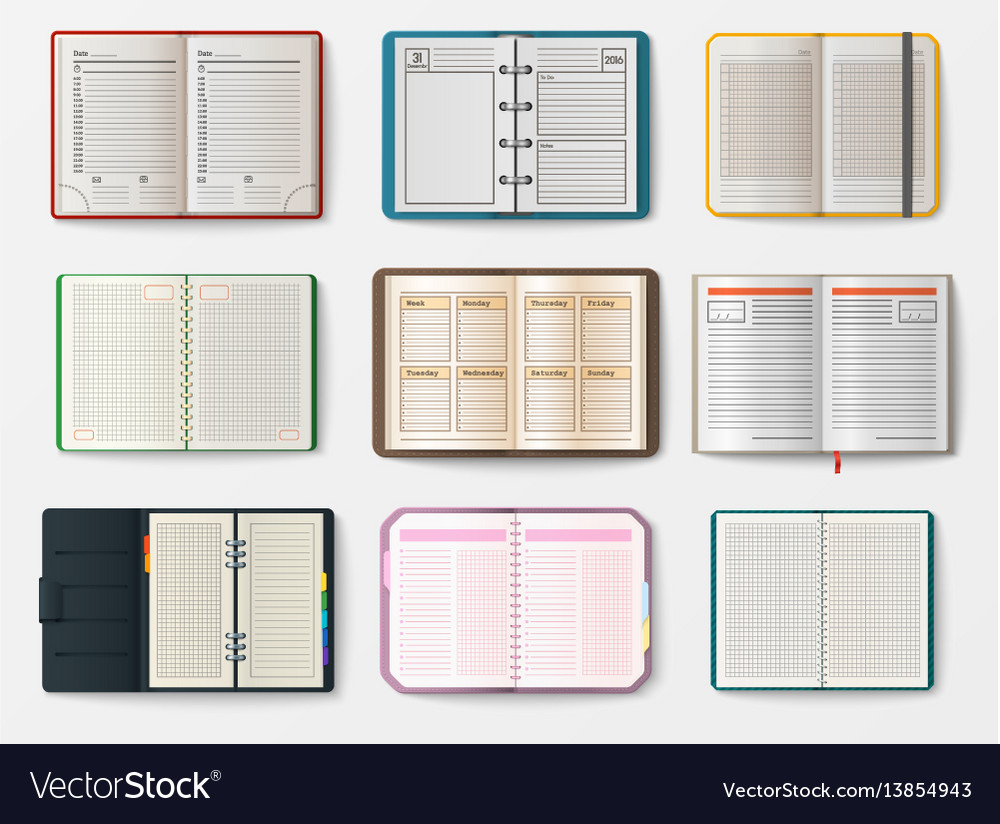 Set of open realistic notebooks with pages diary Vector Image