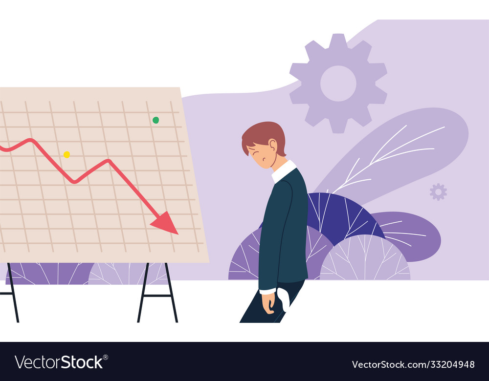 Businessman with headache and decrease arrow Vector Image