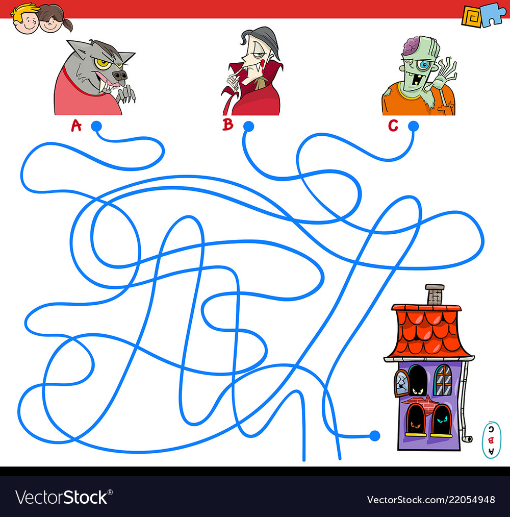Lines maze game with halloween characters Vector Image