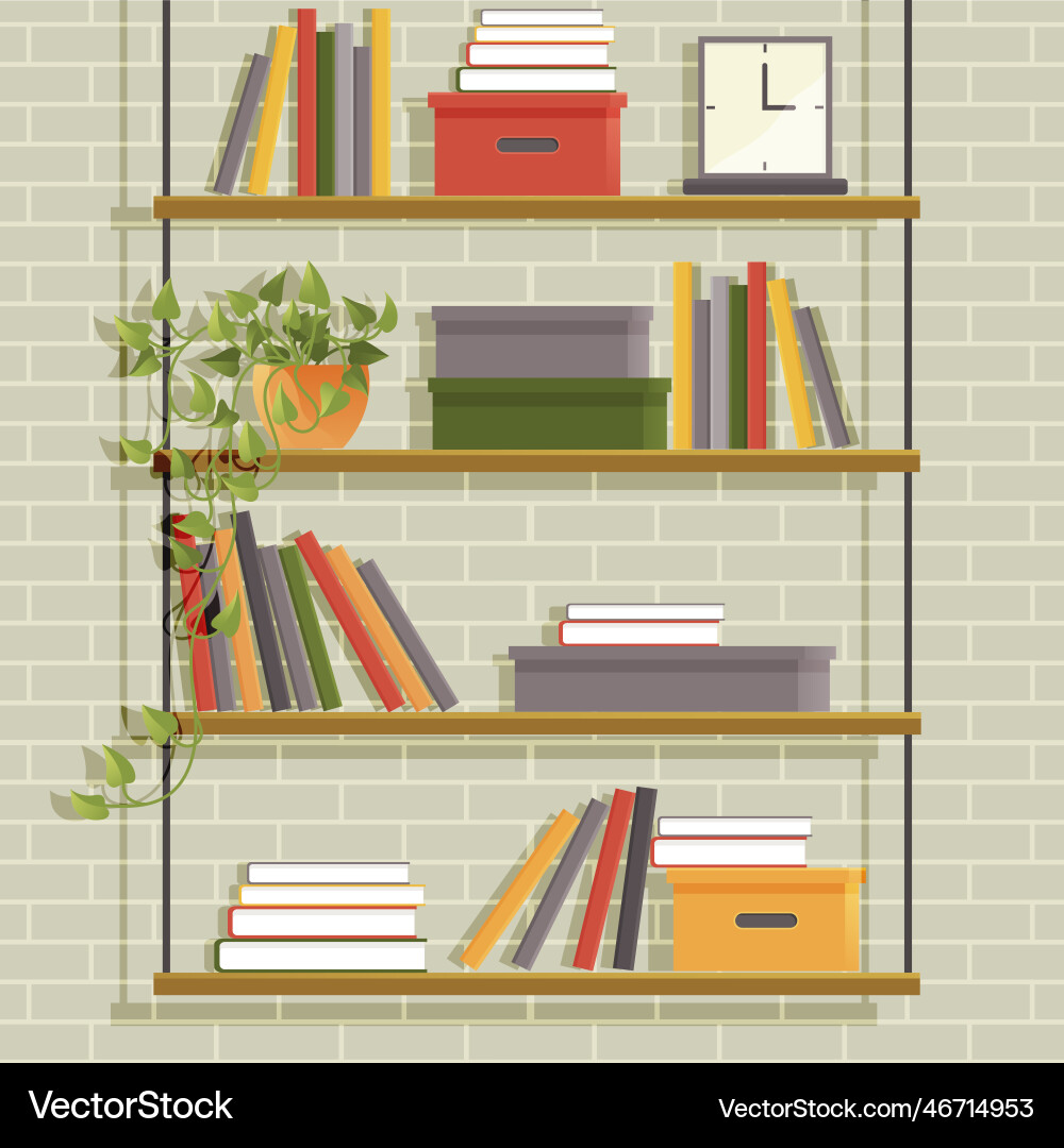 Book shelves with colorful objects cartoon design Vector Image