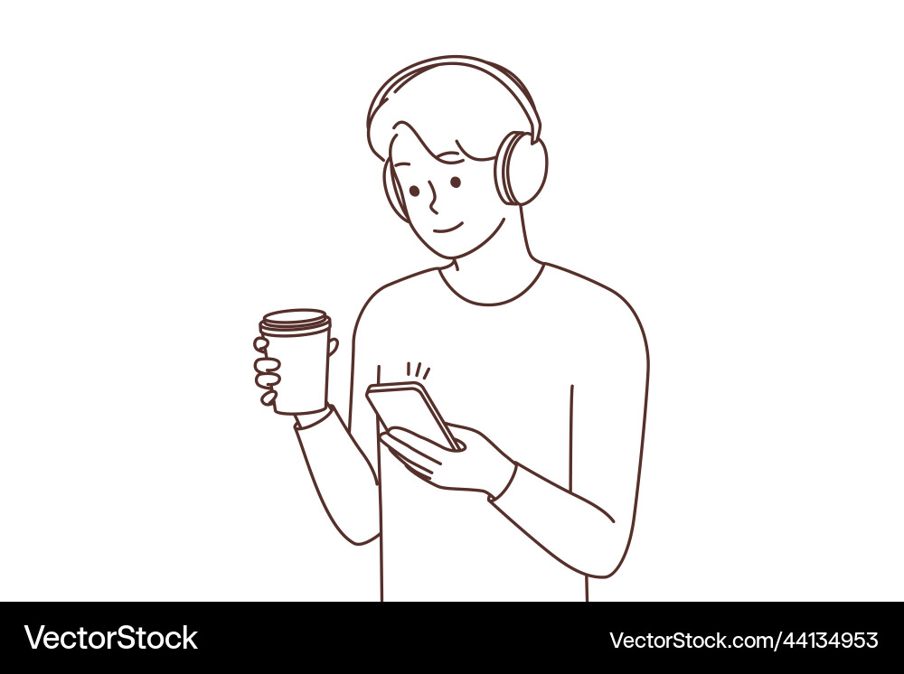 Man in headphones texting on smartphone Royalty Free Vector