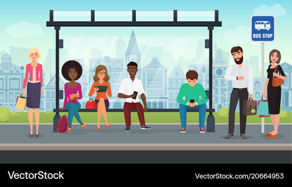 People were sitting at the modern bus stop Vector Image