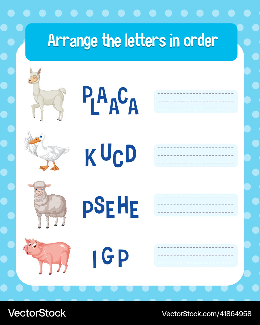 Arrange the letters in order on worksheet Vector Image