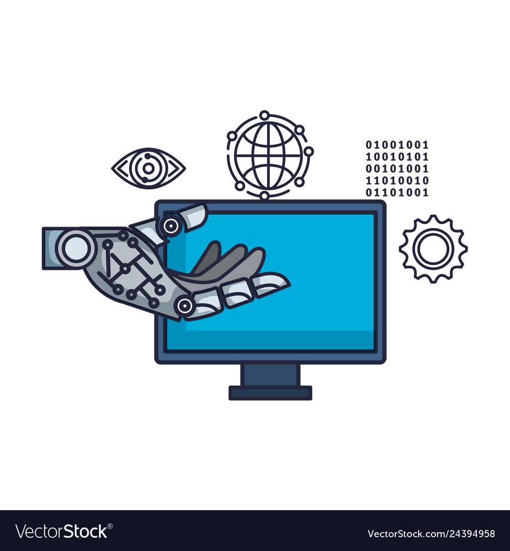 Computer desktop with robot hand and icons Vector Image
