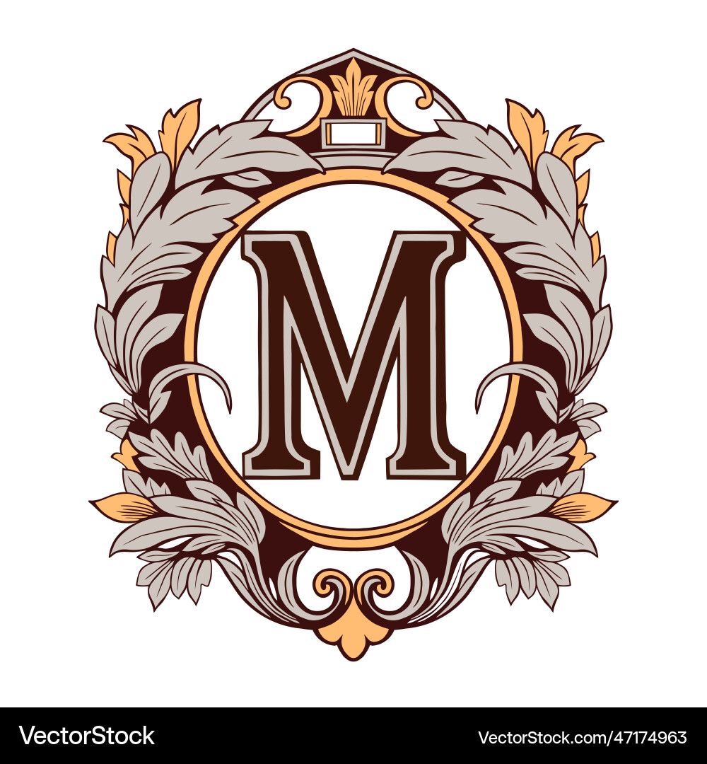 Letter m floral monogram vintage ornament initial Vector Image