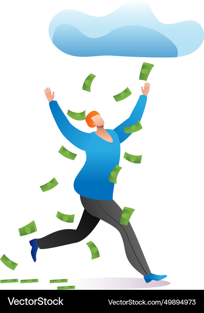 Lucky man character running under cloud money rain