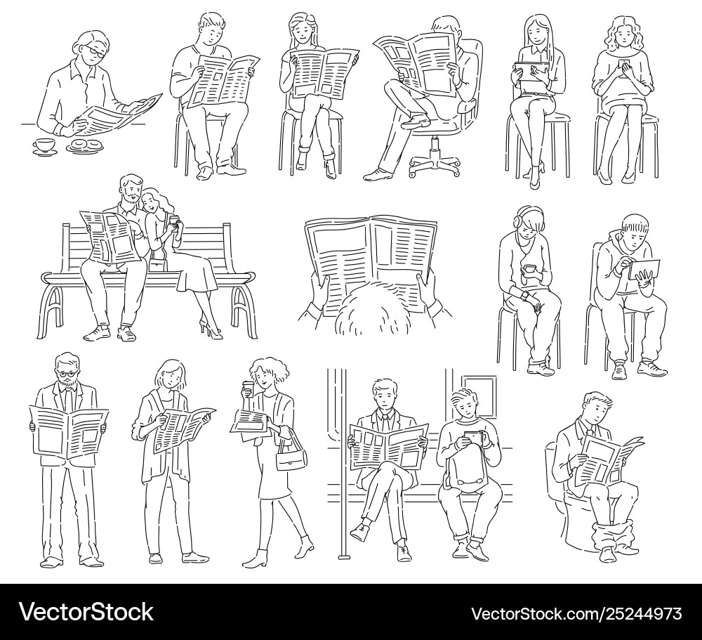 Set people who read newspapers and look Royalty Free Vector