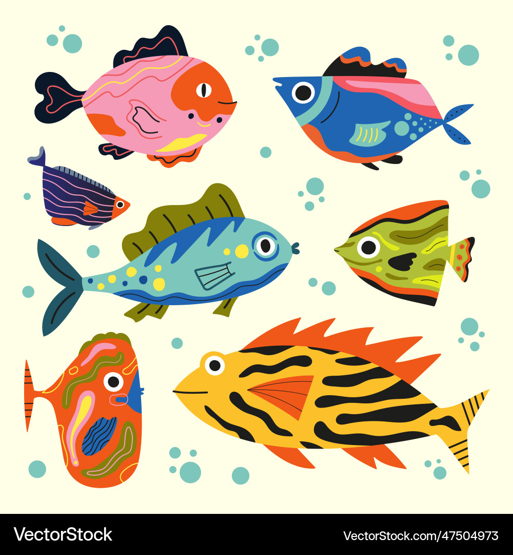 Set with ocean colored fish trendy collection Vector Image