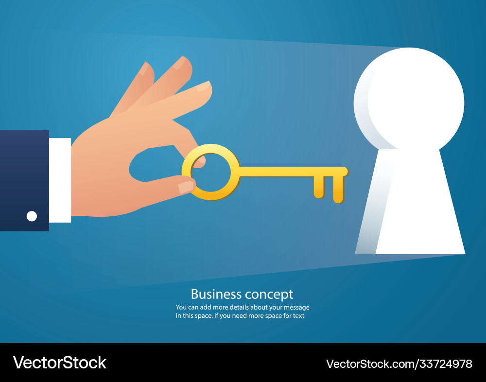 Businessman holding big key into keyhole Vector Image