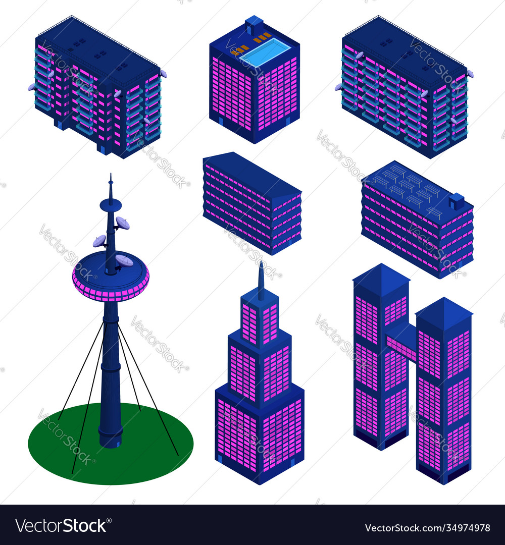 Set isometric detailed buildings isolated Vector Image