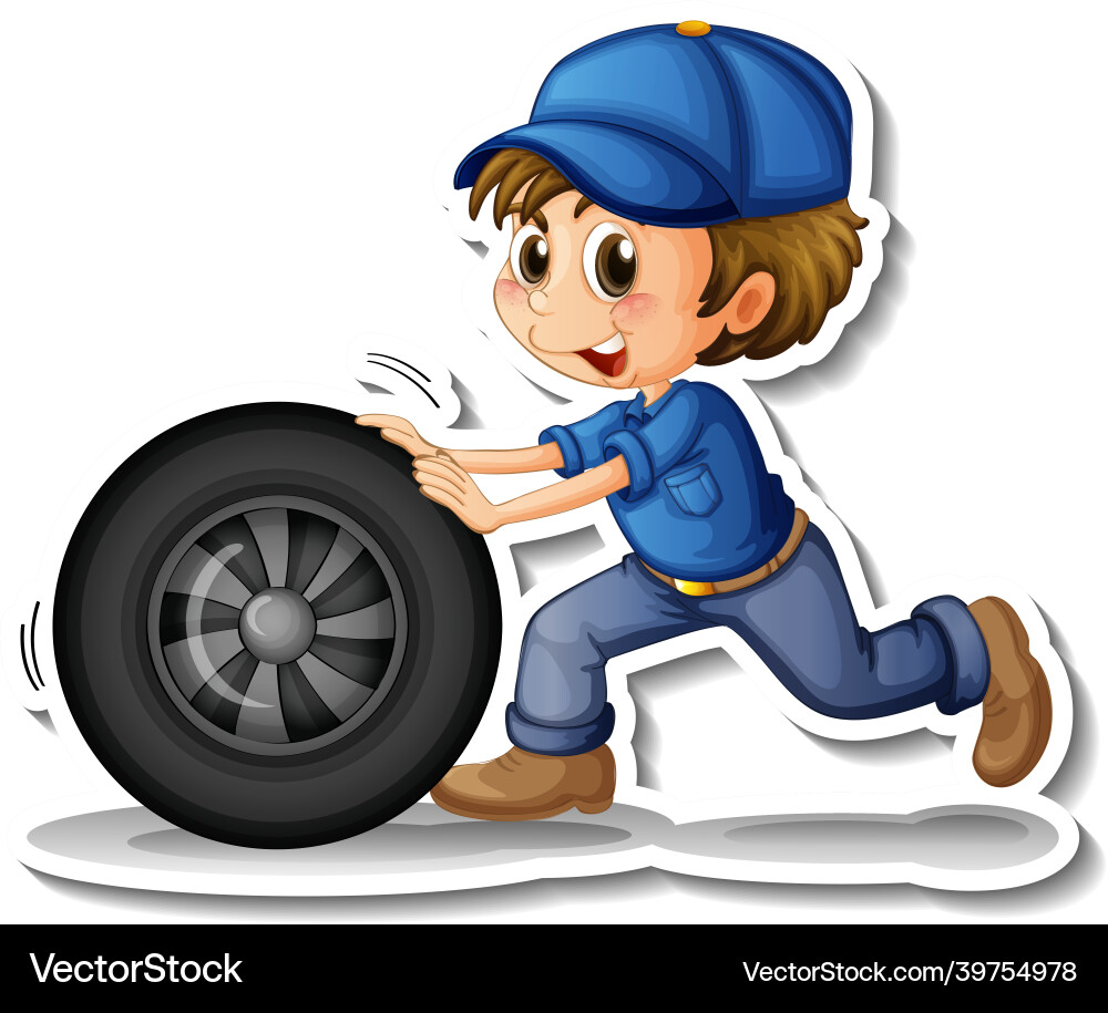 Sticker design with auto mechanic cartoon Vector Image
