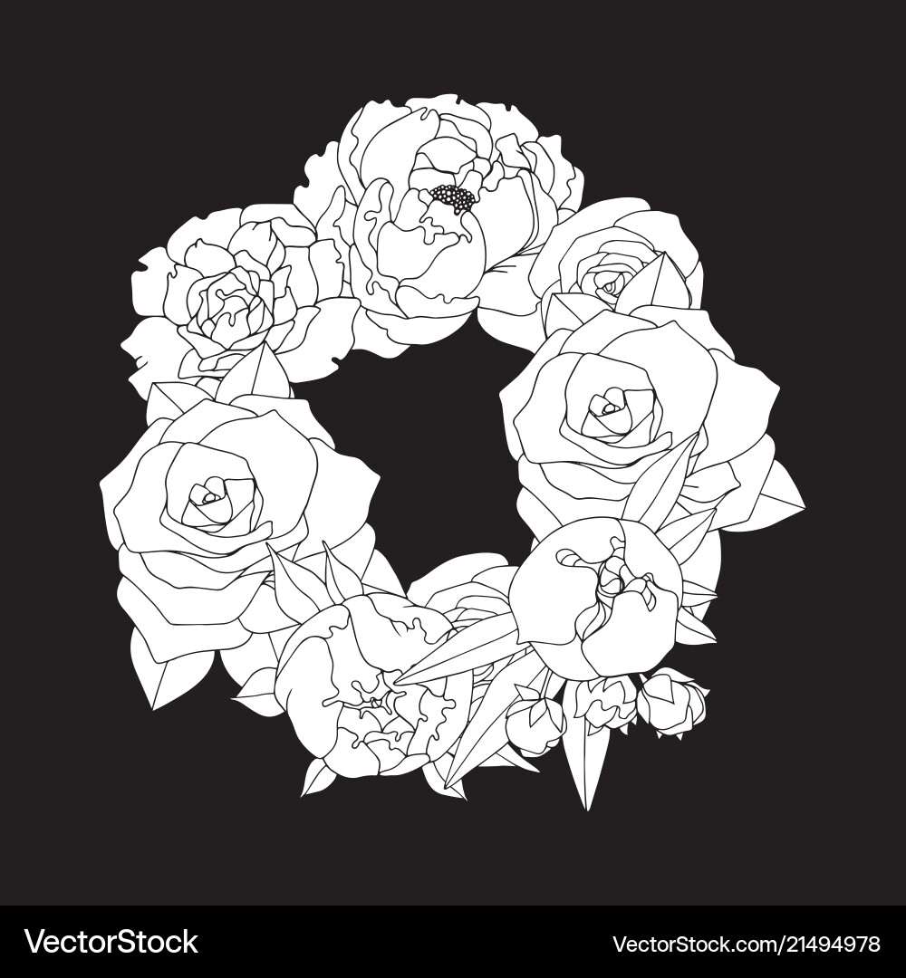 Wreath with peonies and roses hand drawing Vector Image