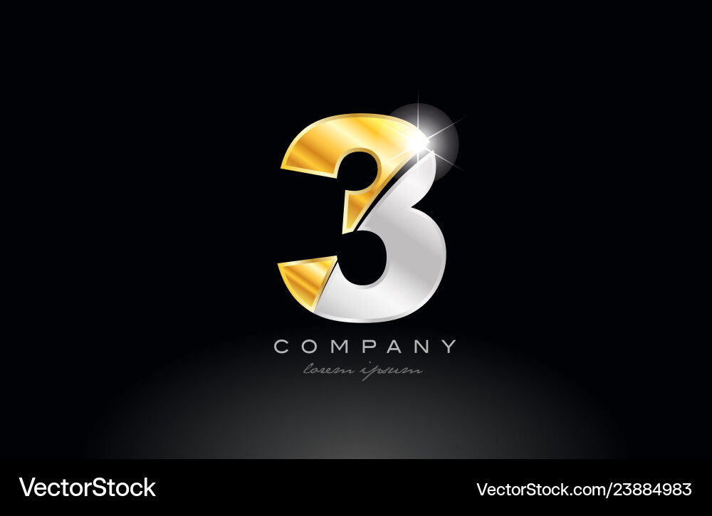 Number 3 gold silver grey metal on black Vector Image