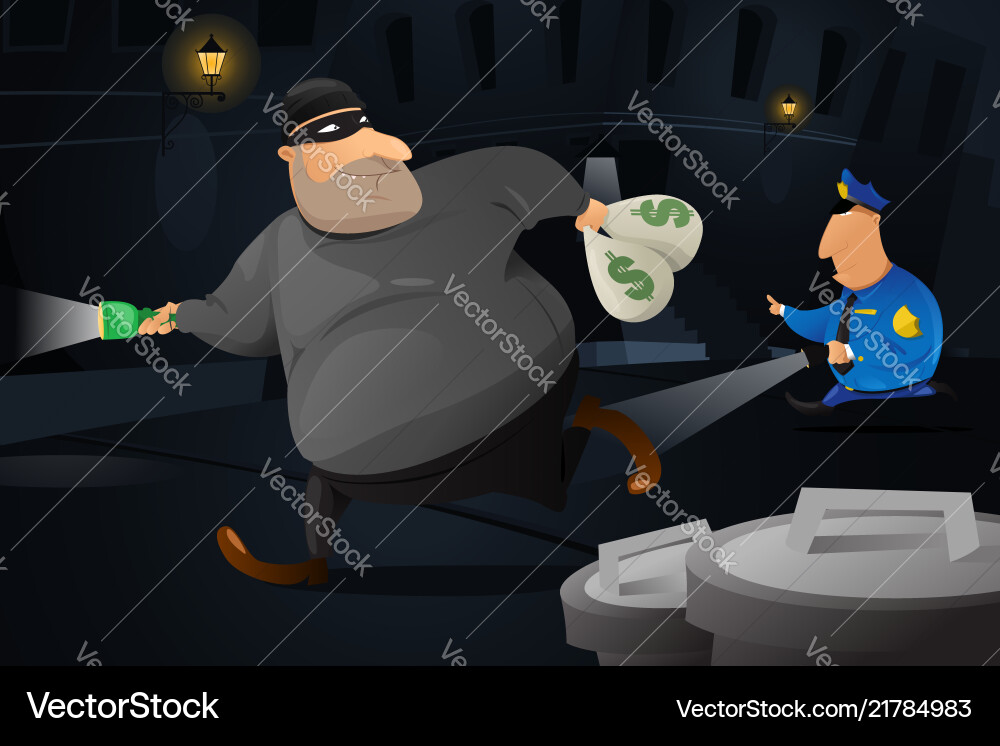 Policeman catching a robber in a dark alley Vector Image