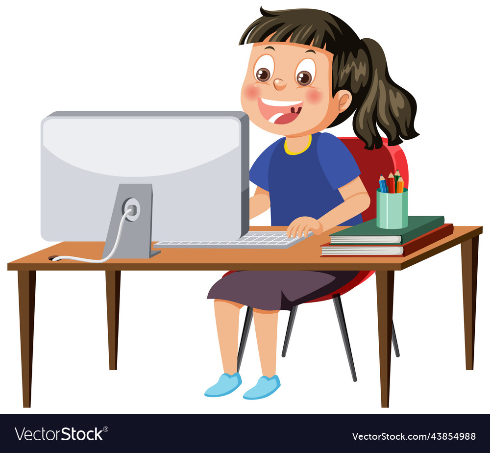 A girl sitting in front of computer Royalty Free Vector