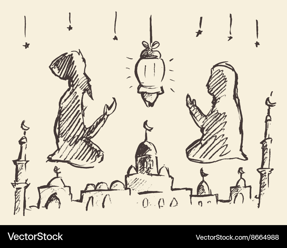 Praying man woman ramadan draw Royalty Free Vector Image