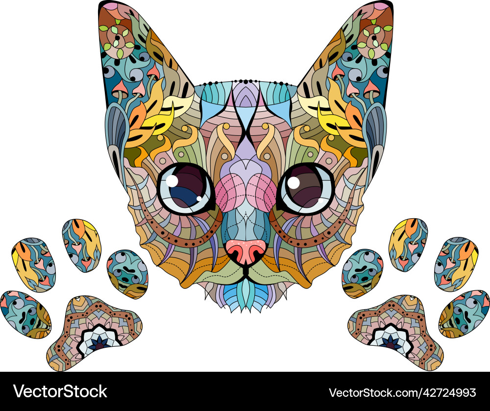 Entangle stylized head of cat with paw hand Vector Image