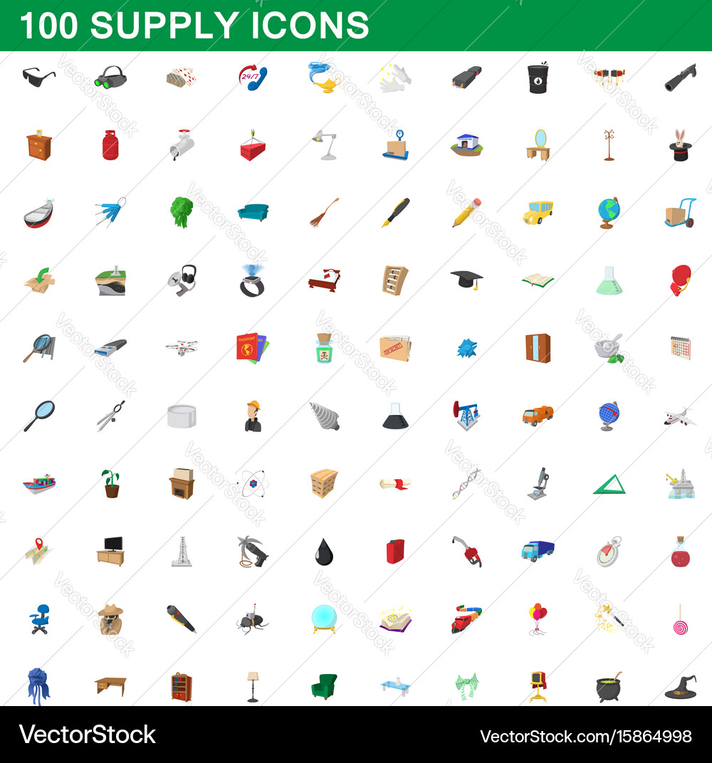 100 supply icons set cartoon style Royalty Free Vector Image